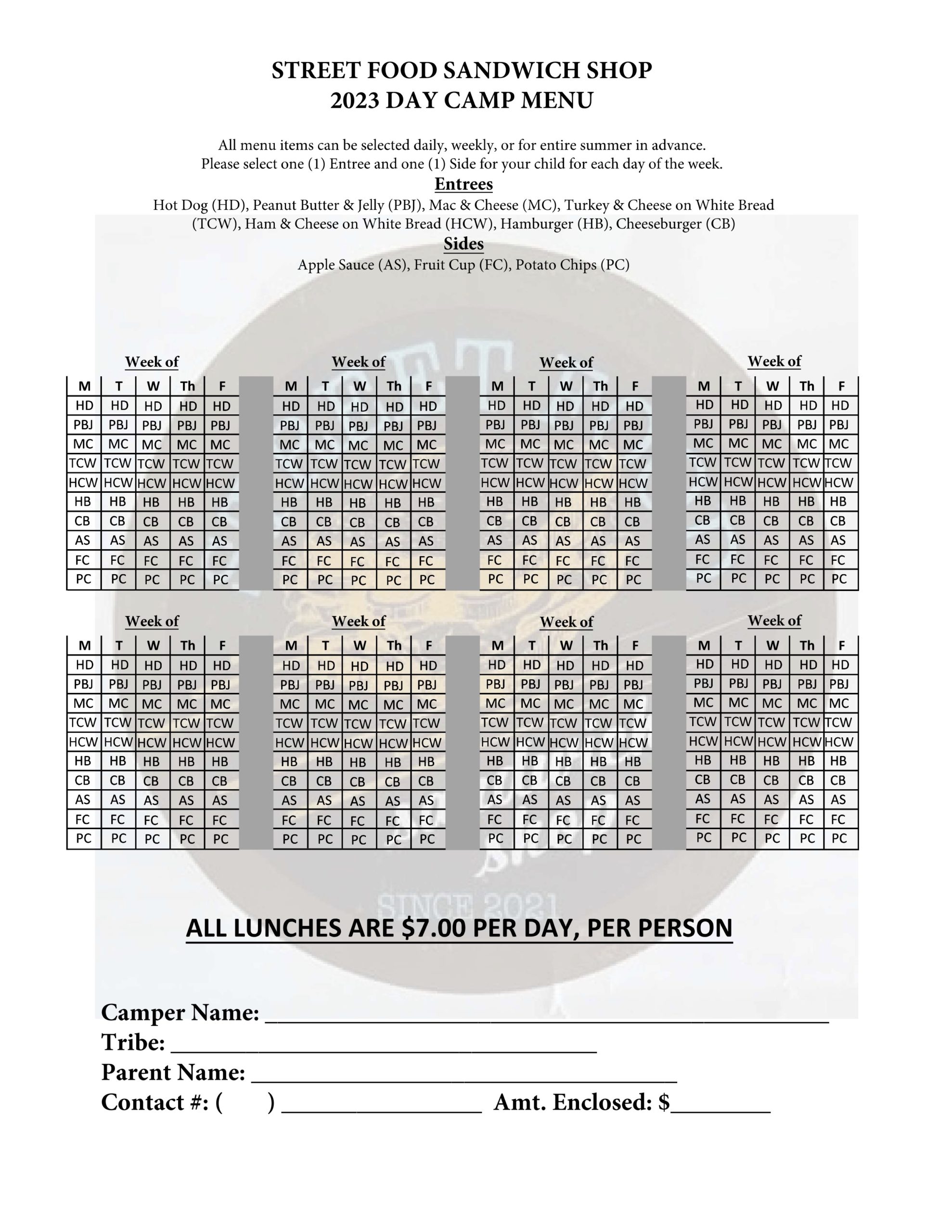 Lunch Menu - Harleysville Summer Day Camp